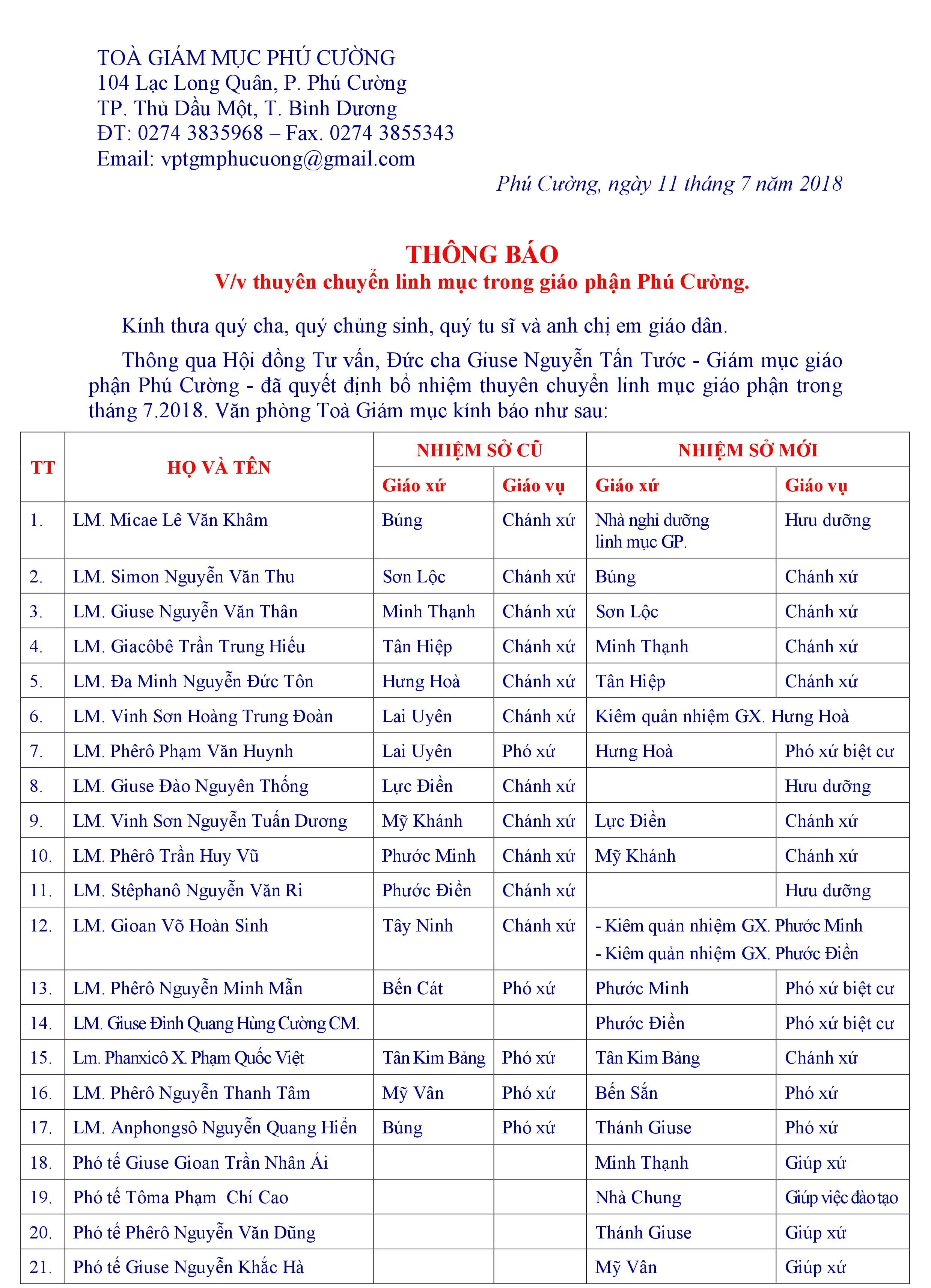 Tòa Giám Mục Phú Cường: Thông báo về việc thuyên chuyển linh mục trong giáo phận Phú Cường